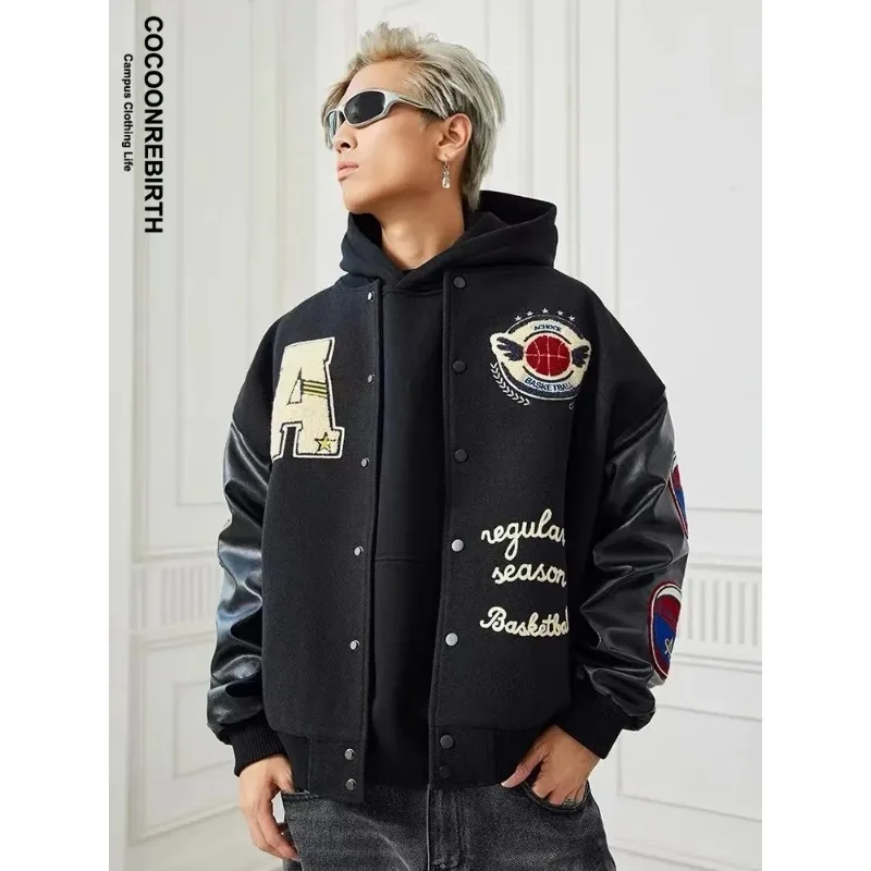 Letter-Embroidered-Jacket-Men-Women-Varsity-Patchwork-Loose-Bomber-Coat ...