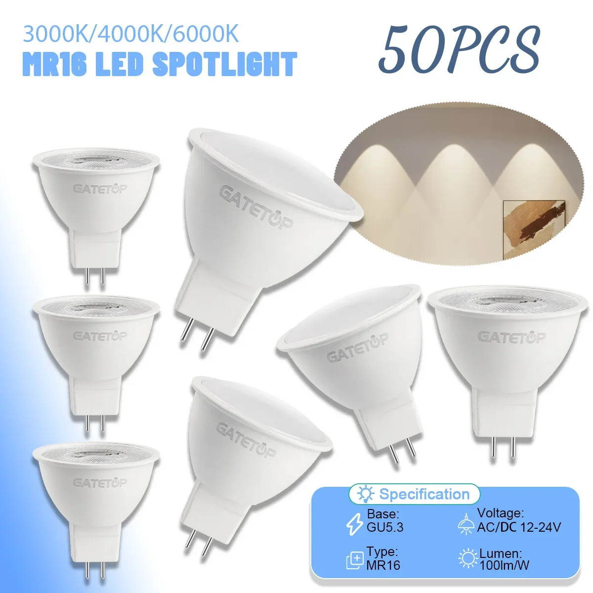 50PCS Low voltage MR16 Bulb AC DC 12V 24V LED Spotlight GU5.3 3W ...