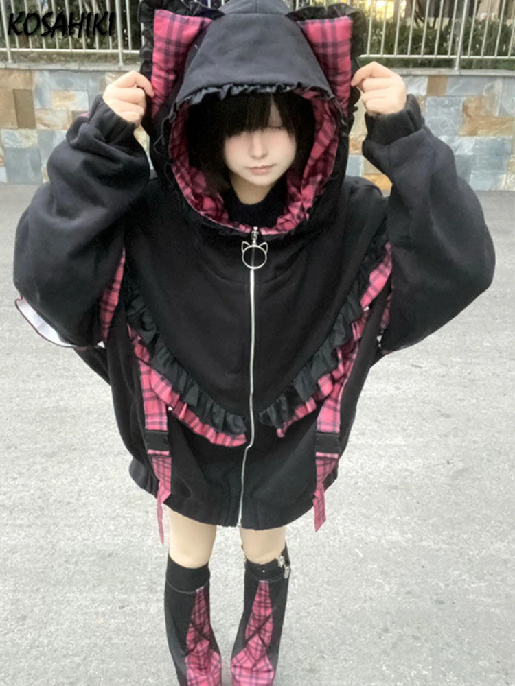 Japanrse Y2k Aesthetic Lace Ruffle Plaid Hoodies Thick Jacket Women ...