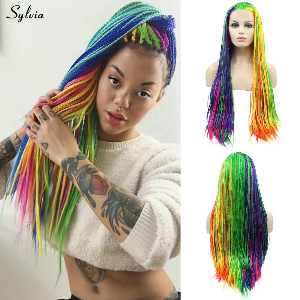 Sylvia Rainbow Color Box Braided Wig Synthetic Lace Front Wigs for ...