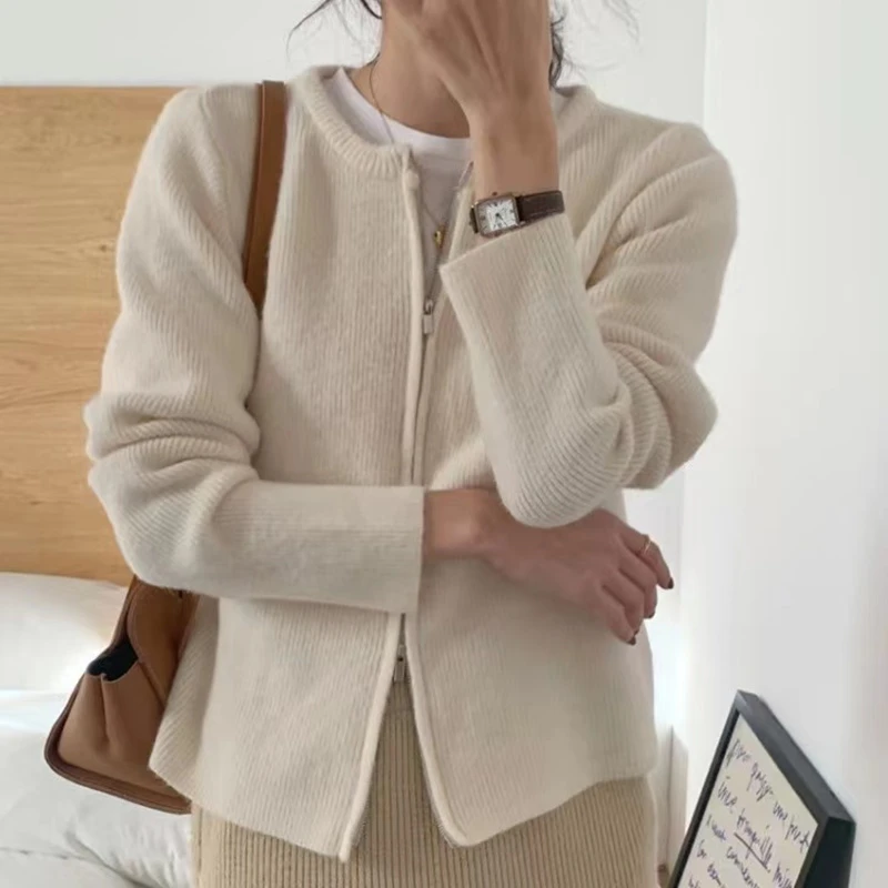 Modern versatile double zipper cashmere cardigan women's new fall/winter round neck knit sweater ...