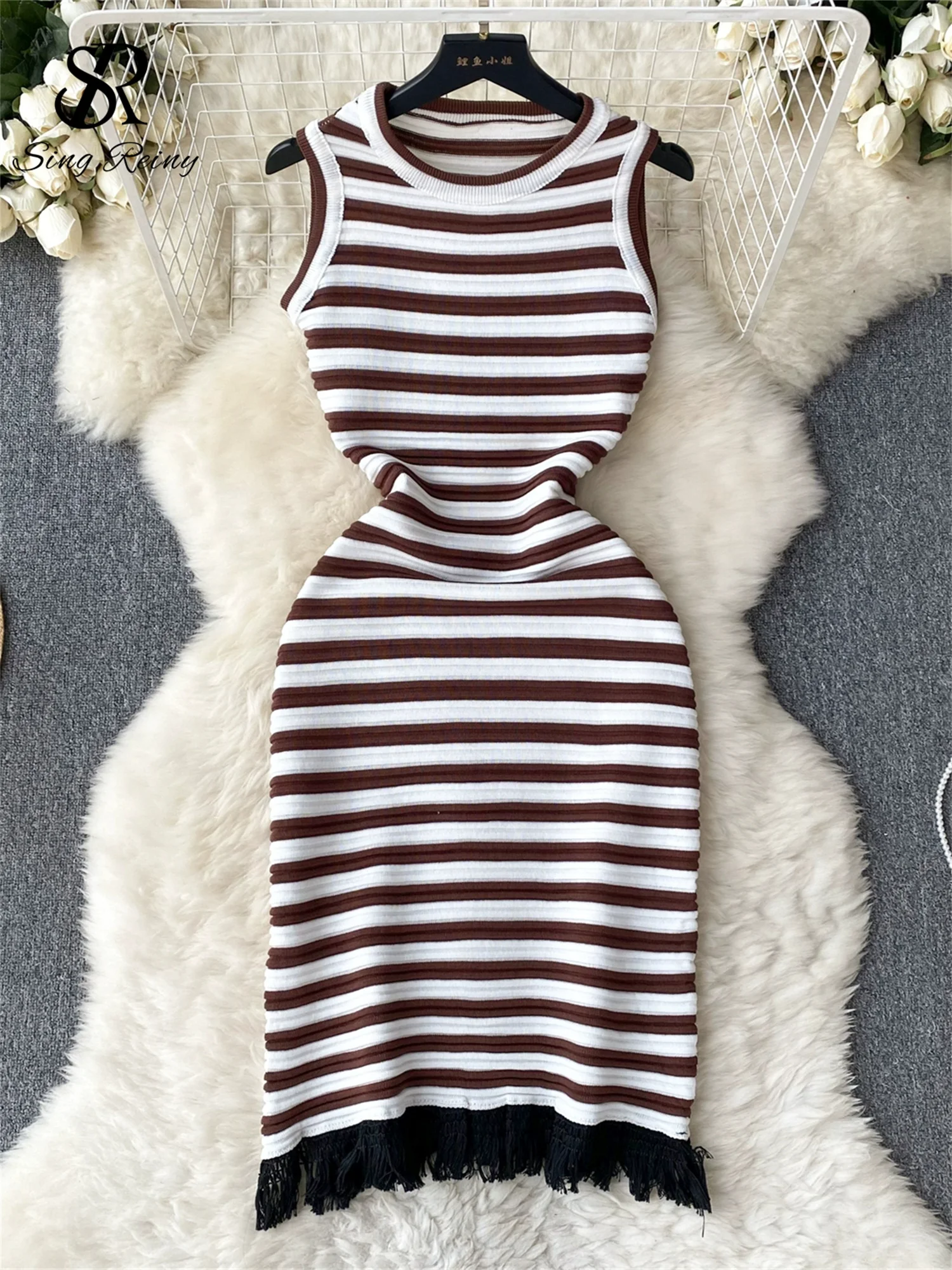 SINGREINY Temperament Vintage Knitting Midi Dress Women O Neck Sleeveless Splice Tassel Trend ...