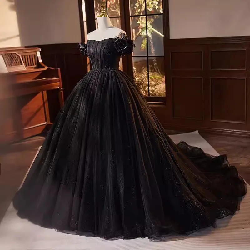 Real-Picture-Gothic-Black-Princess-Girl-Prom-Dresses-Strapless-Ruffle ...