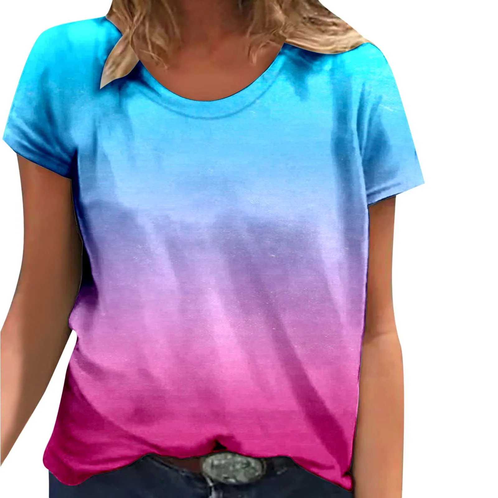 Casual-Gradient-Shading-Women-T-shirt-Round-Neck-Graphic-Tees-Women ...
