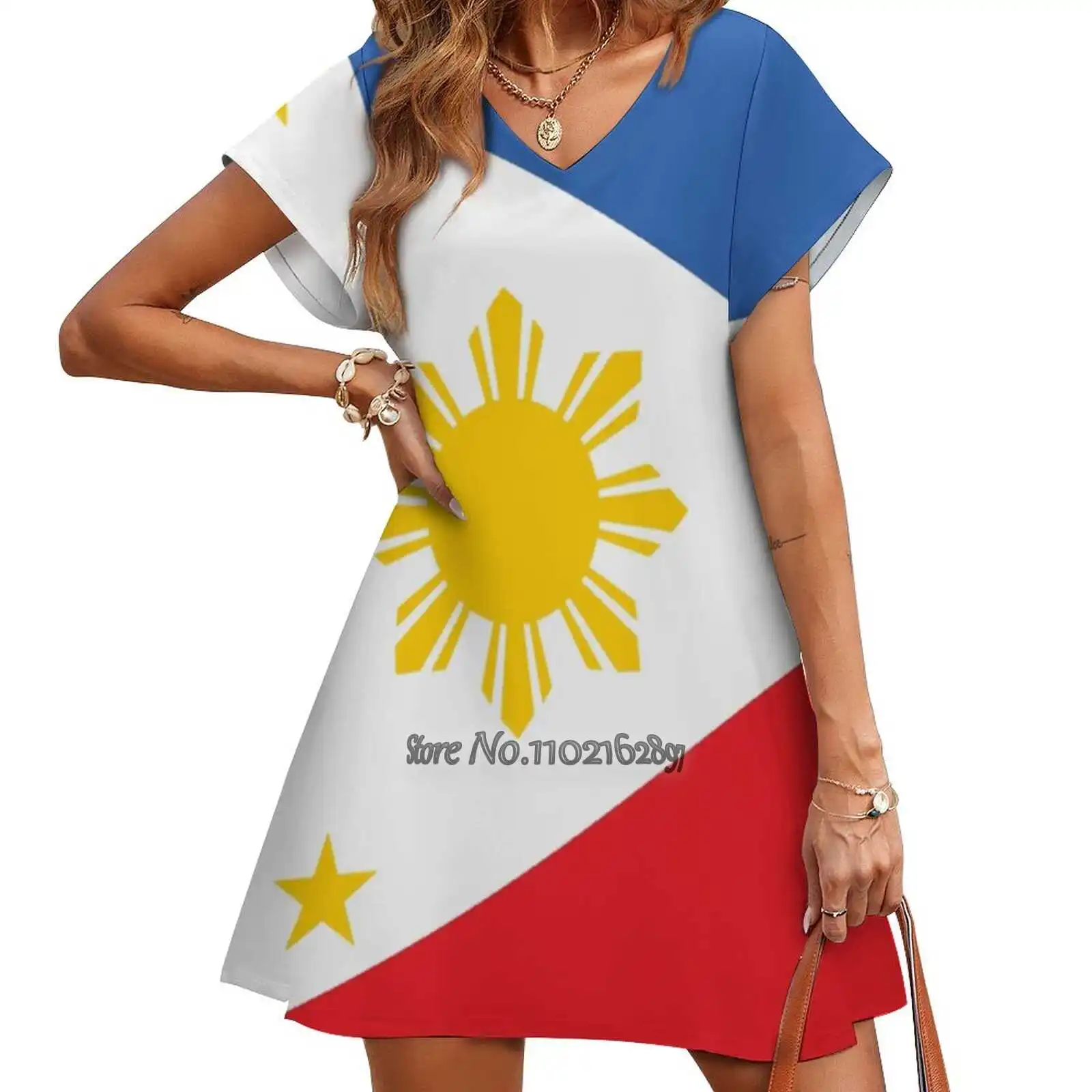 Philippines-Flag-Fashion-Street-Dress-Loose-V-Neck-Short-Sleeve-Skirt ...