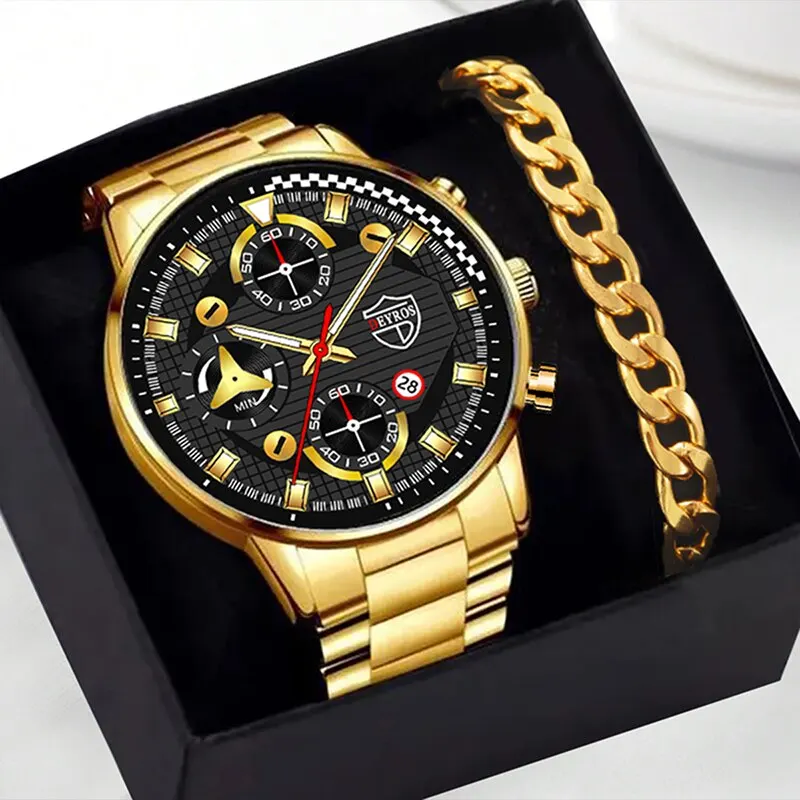 2PCS-Fashion-Mens-Gold-Bracelet-Watches-Set-Men-Business-Stainless ...