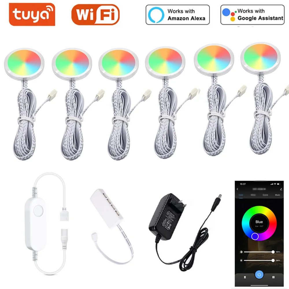 DC12V-Tuya-WIFI-RGB-LED-Under-Cabinet-Light-Dimmable-Puck-Lights ...