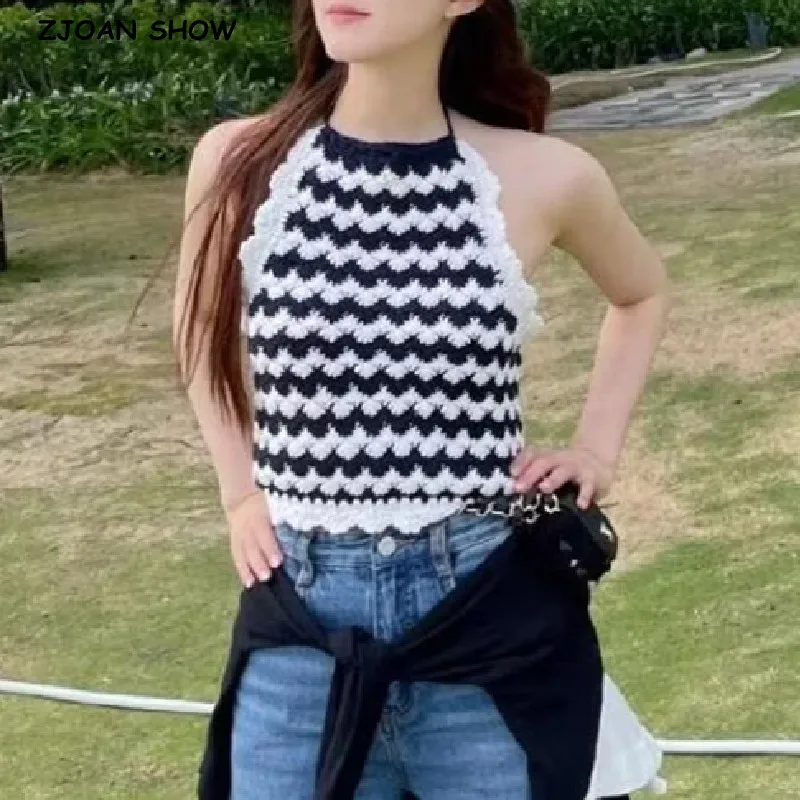 2023-BOHO-Wave-Striped-Lacing-Up-Halter-Collar-Knit-Camisole-Women ...