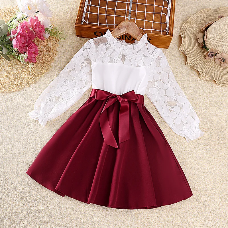 Vestido-de-princesa-de-manga-comprida-infantil-com-cinto-com-renda-fofo ...