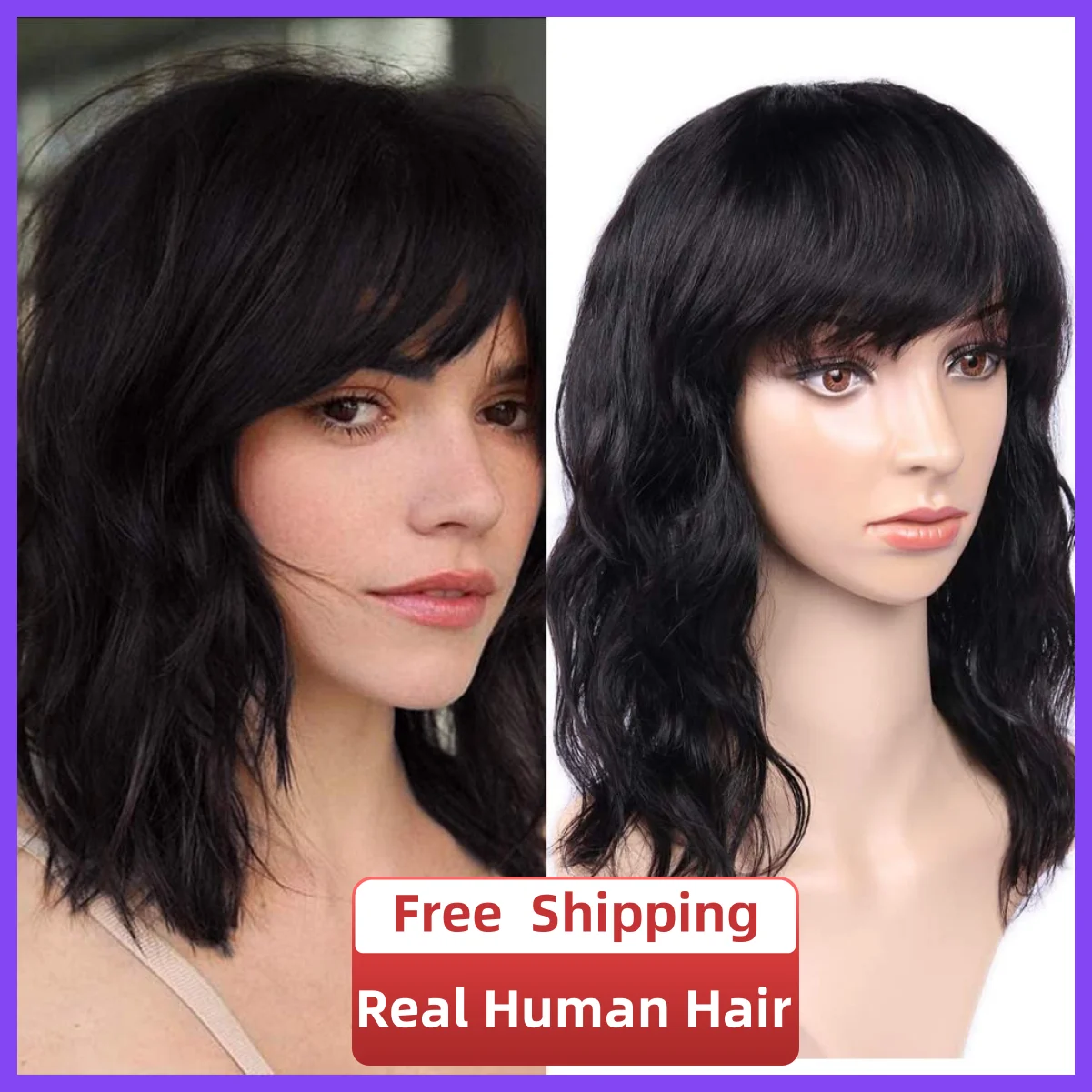 Glueless Black Wigs With Bangs Natural Wave 16INCH Long Fringe Bang Wig ...