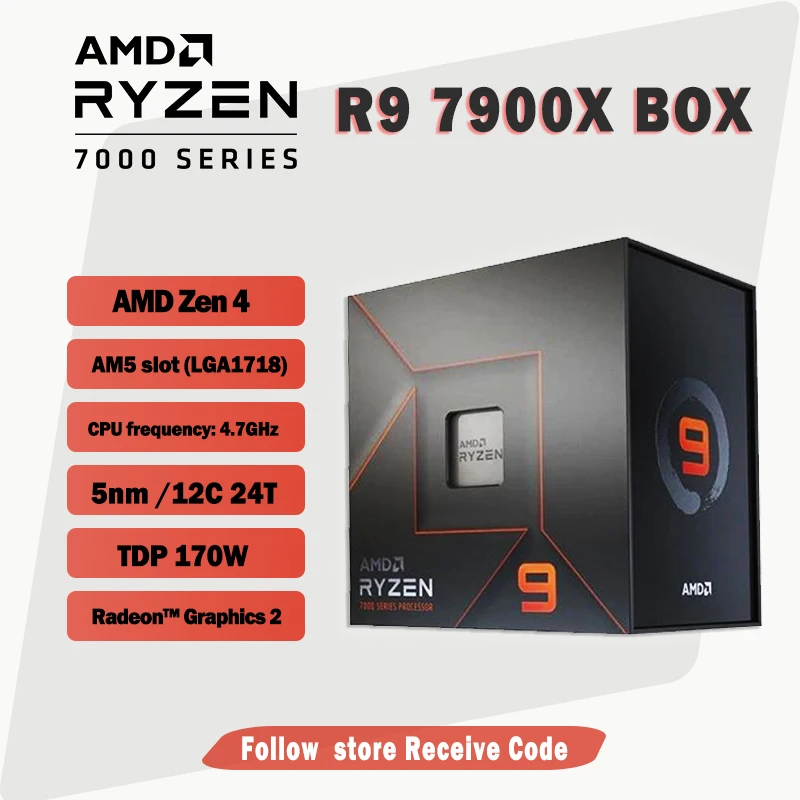 New AMD Ryzen 9 7900X R9 7900X BOX 100-100000589 4.7GHz 12-Core 24 ...
