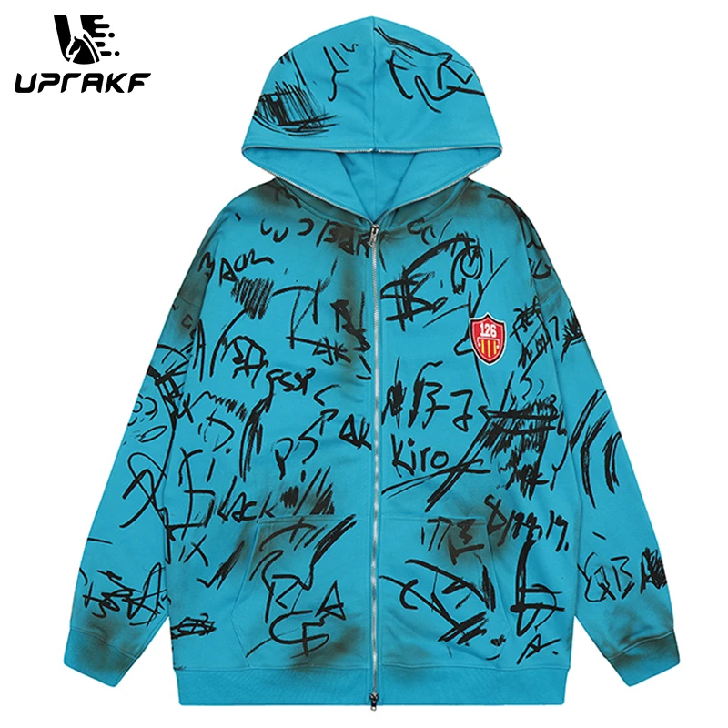 UPRAKF Zip Up Hoodie Y2K Harajuku Graffiti Letter Print High Quality Fashion Pullovers Hip Hop ...