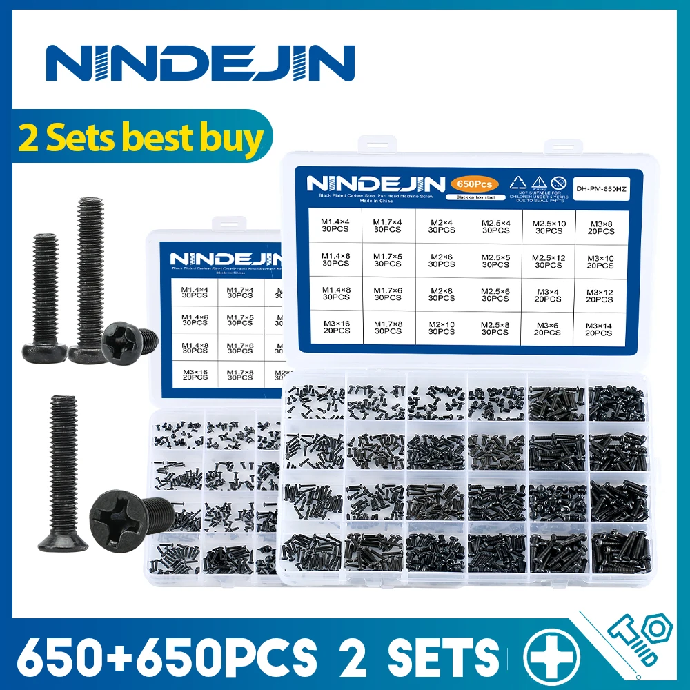 NINDEJIN 650pcs Cross Flat Head Laptop Screws Set M1.4-M3 Carbon Steel ...