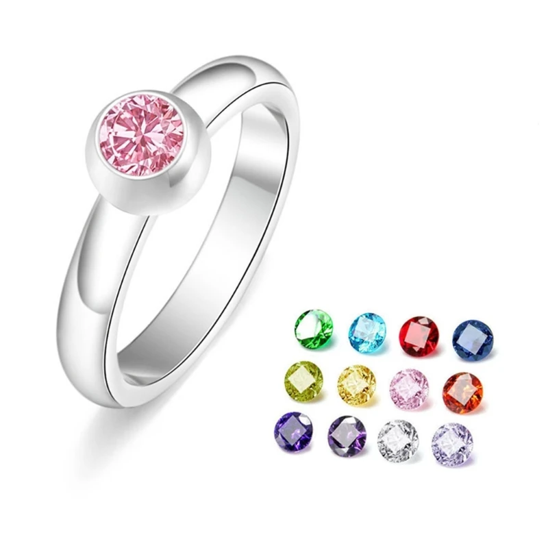 Simple-Birthstone-Ring-with-12-Color-Zircon-Fashion-Stackable-Ring ...