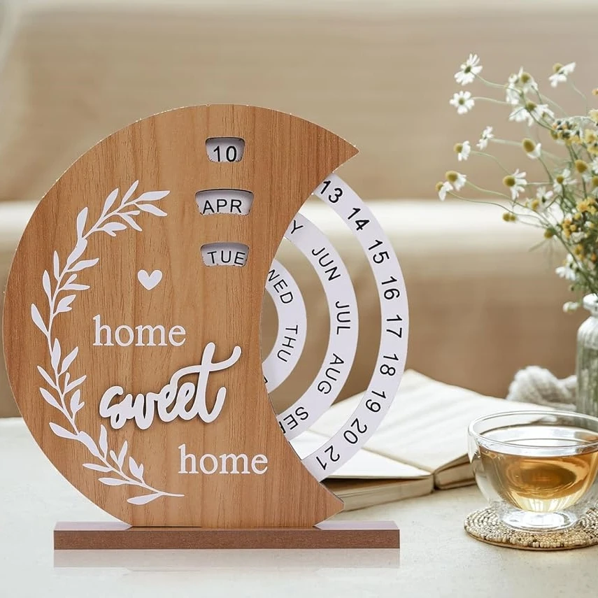Wooden Perpetual Calendar Vintage Rotating Desk Decor with Month/Week ...