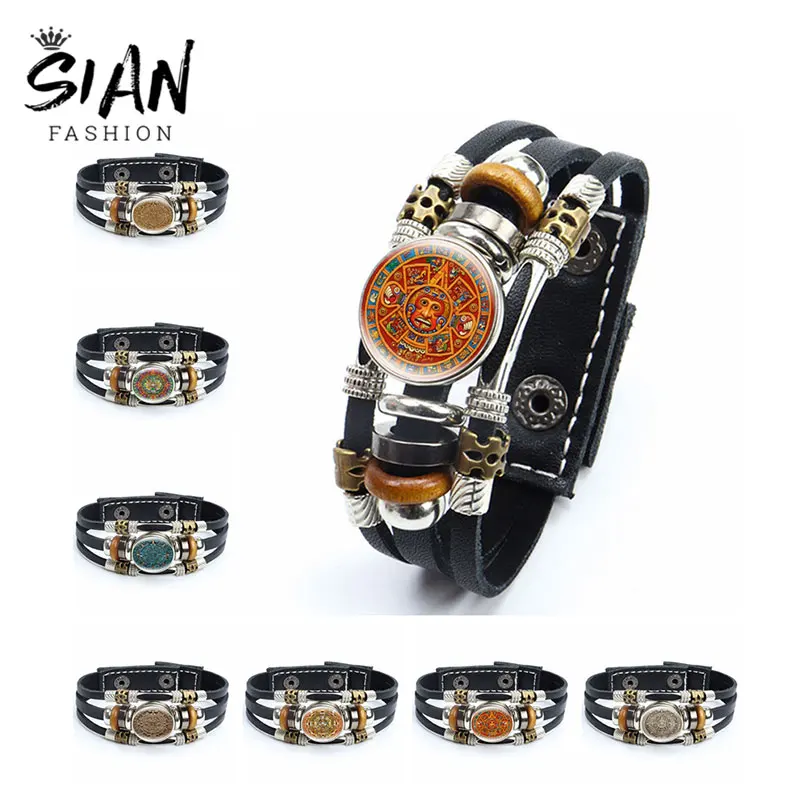 Pulsera de cuero con calendario Azteca para hombre y mujer, brazalete ...