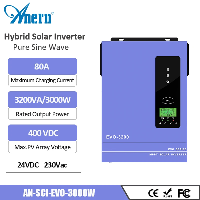 Anern 24v 3000w Inverter 1600w Solar Max PV 450V 400V Build In 80A MPPT Charger for Battery ...
