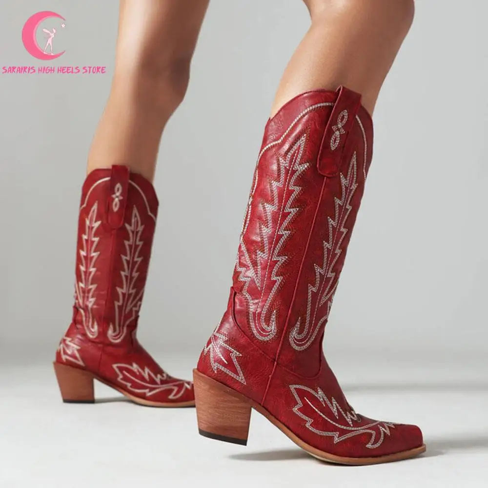 Platform-Women-Western-Boots-Chunky-High-Heel-Mid-Calf-Embroidery-Shoes ...