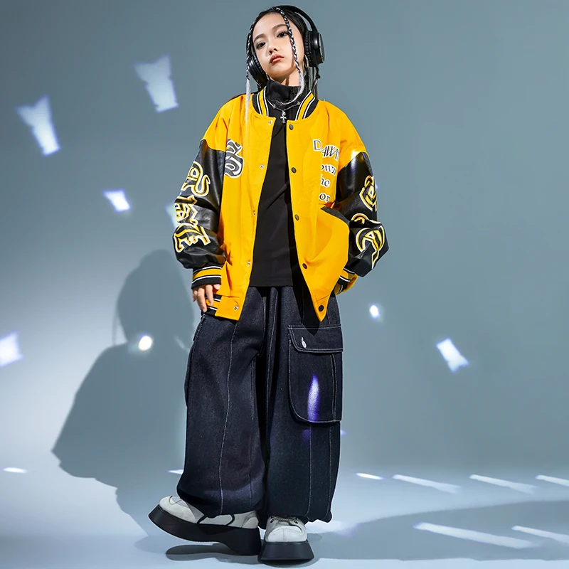 Kids-Kpop-Hip-Hop-Clothing-Yellow-Baseball-Coat-Racing-Jacket-Black ...