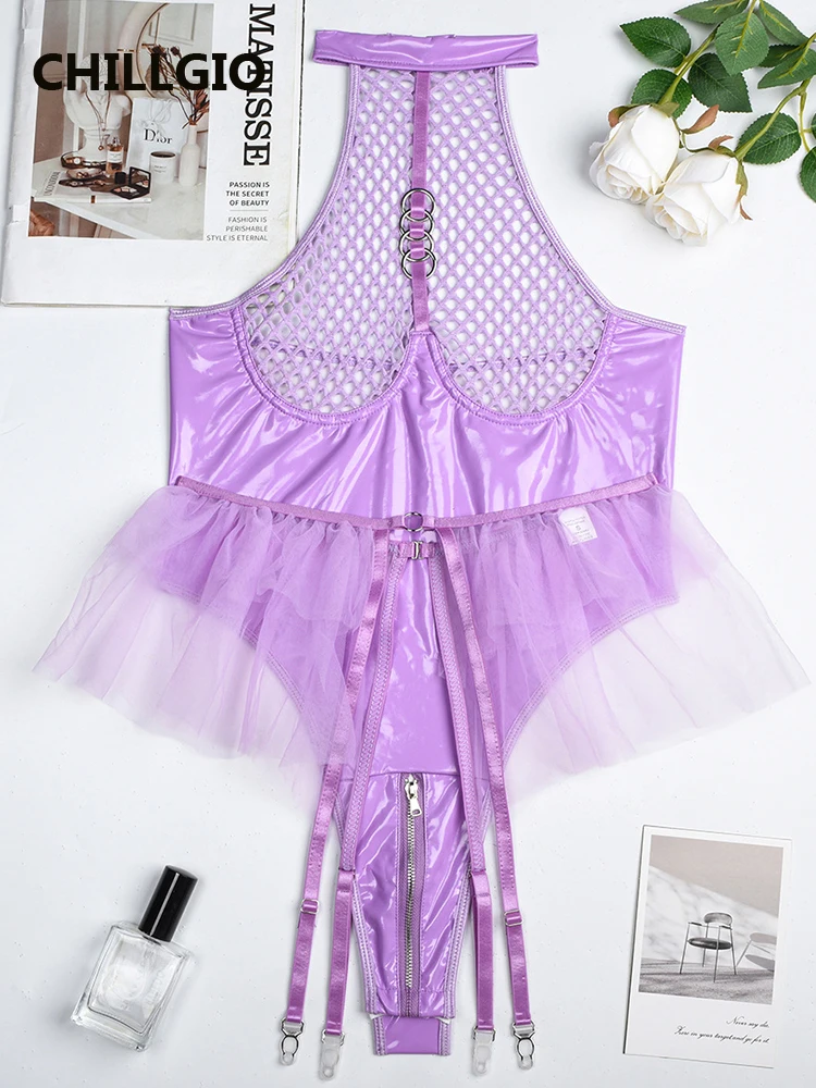 CHILLGIO-Women-Sexy-Mesh-PU-Halter-Bodysuits-Hollow-Erotic-Lace-Onesie ...