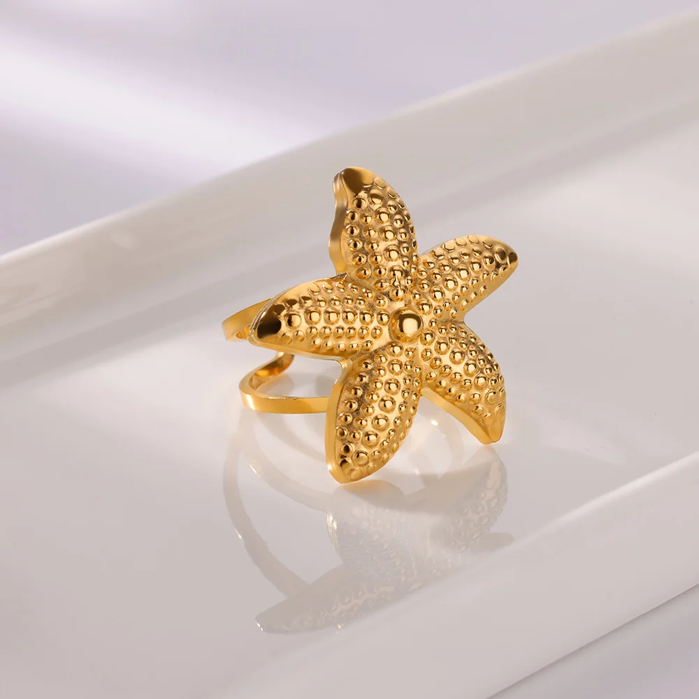 Stainless-Steel-Starfish-Rings-For-Women-Men-Gold-Color-Open-Adjustbale-Double-Line-Ring ...