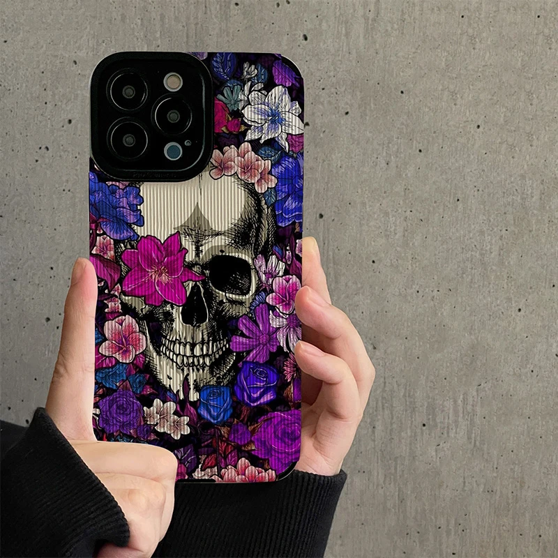 Halloween-Skull-Purple-Pink-Flower-Case-For-iPhone-15-14-13-12-11-Pro ...