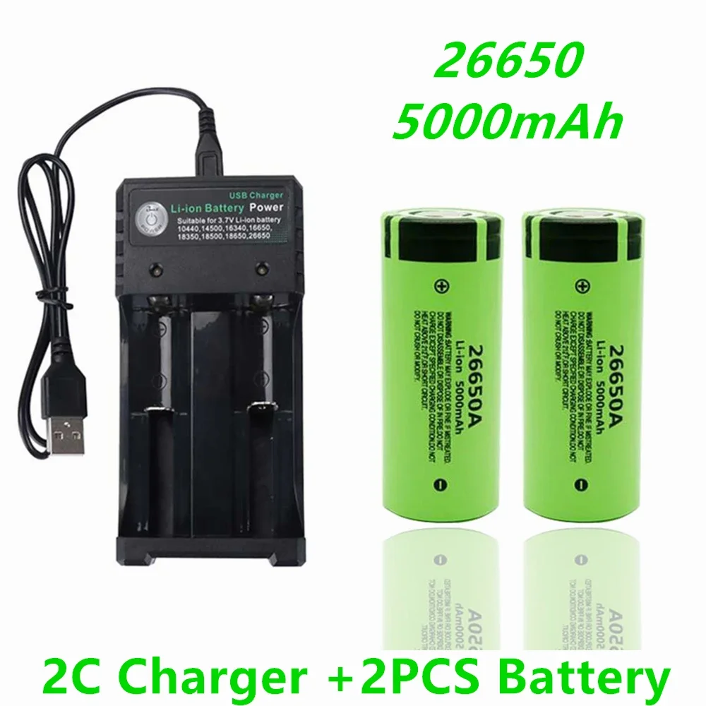 정품 고품질 26650 배터리, 5000mAh 3.7V 50A 리튬 이온 충전식 배터리, 26650A LED 손전등 및 ...