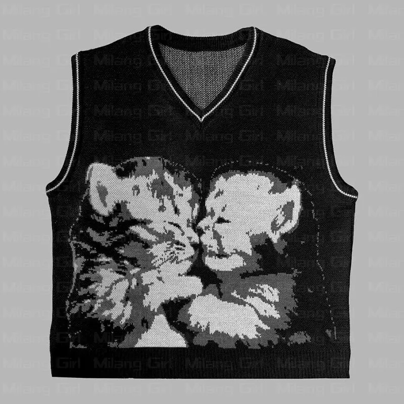 Camisola colete feminino kawaii gato colete streetwear tricô chique ...