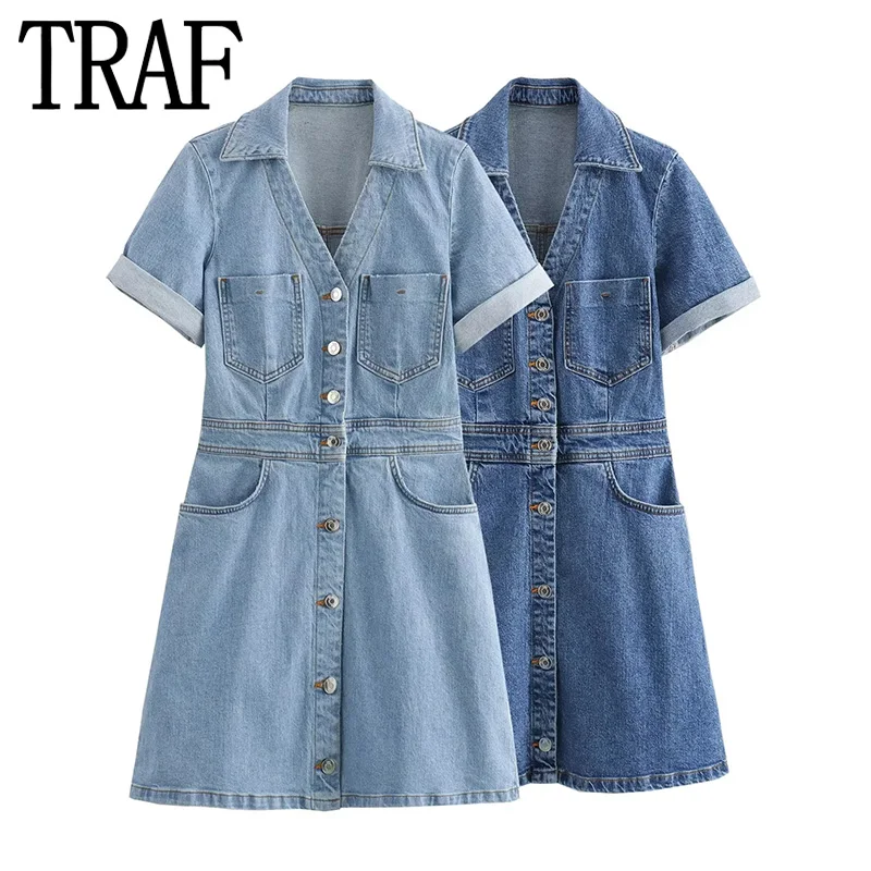 TRAF-Blue-Denim-Dress-Woman-Faded-Jean-Mini-Shirt-Dress-Women-Short ...