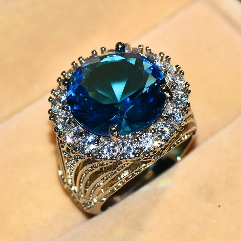 Luxury Female Big Blue White Zircon Stone Ring Silver Color Wedding ...