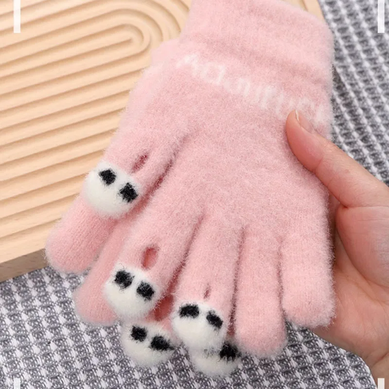 Women Winter Fluffy Gloves Cute Panda Fingertip Warm Knitted Fingerless ...