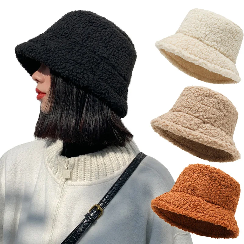 Winter-Warm-Bucket-Hats-Lamb-Wool-Faux-Fur-Fisherman-Caps-Women-Thicken ...