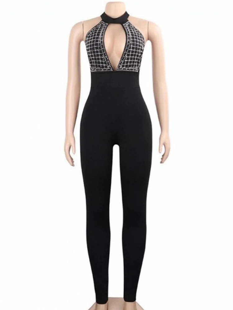 Women's Rhinestones Jumpsuits One Piece Outfits Sleeveless Rhinestone ...