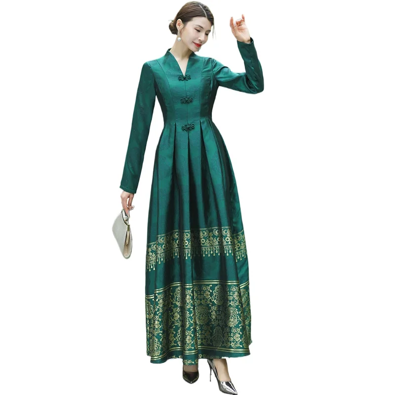 Chinese Style V-neck Green Jacquard Runway Dress Women Party Events ...