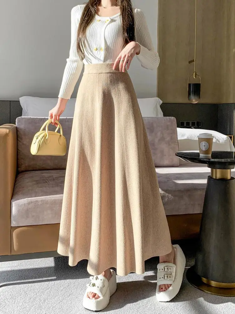 French-Fashion-Winter-Autumn-Warm-Women-Solid-Knit-Long-Skirt-Retro ...