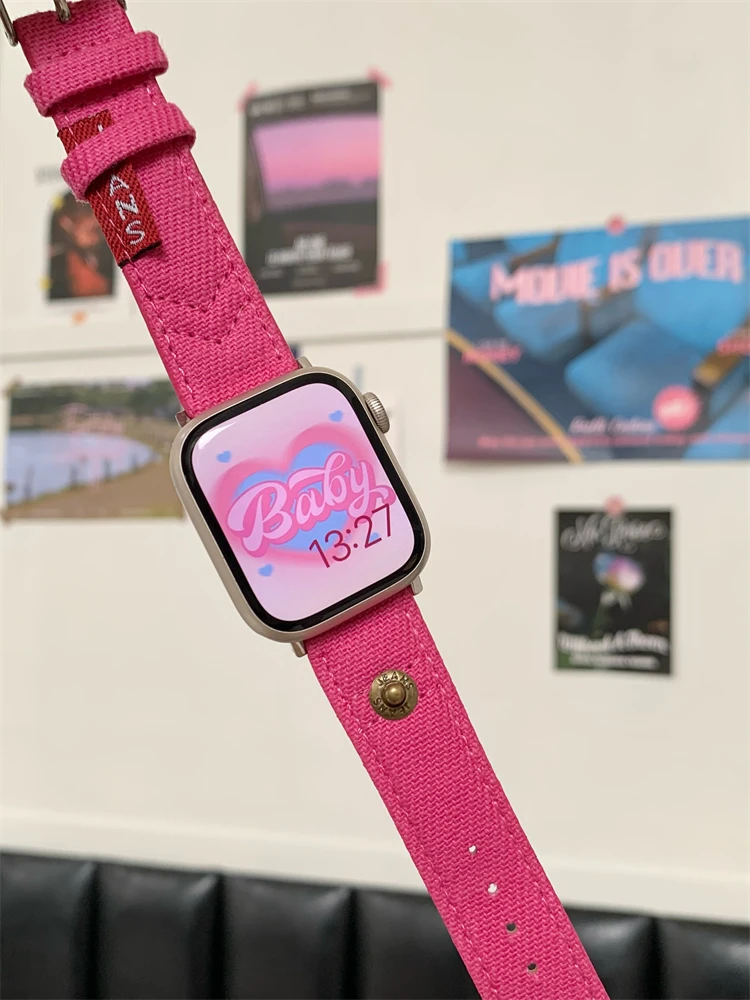 Korea Pink Denim Canvas Leather Watch Band For iWatch Series 8 7 6 5 4 ...