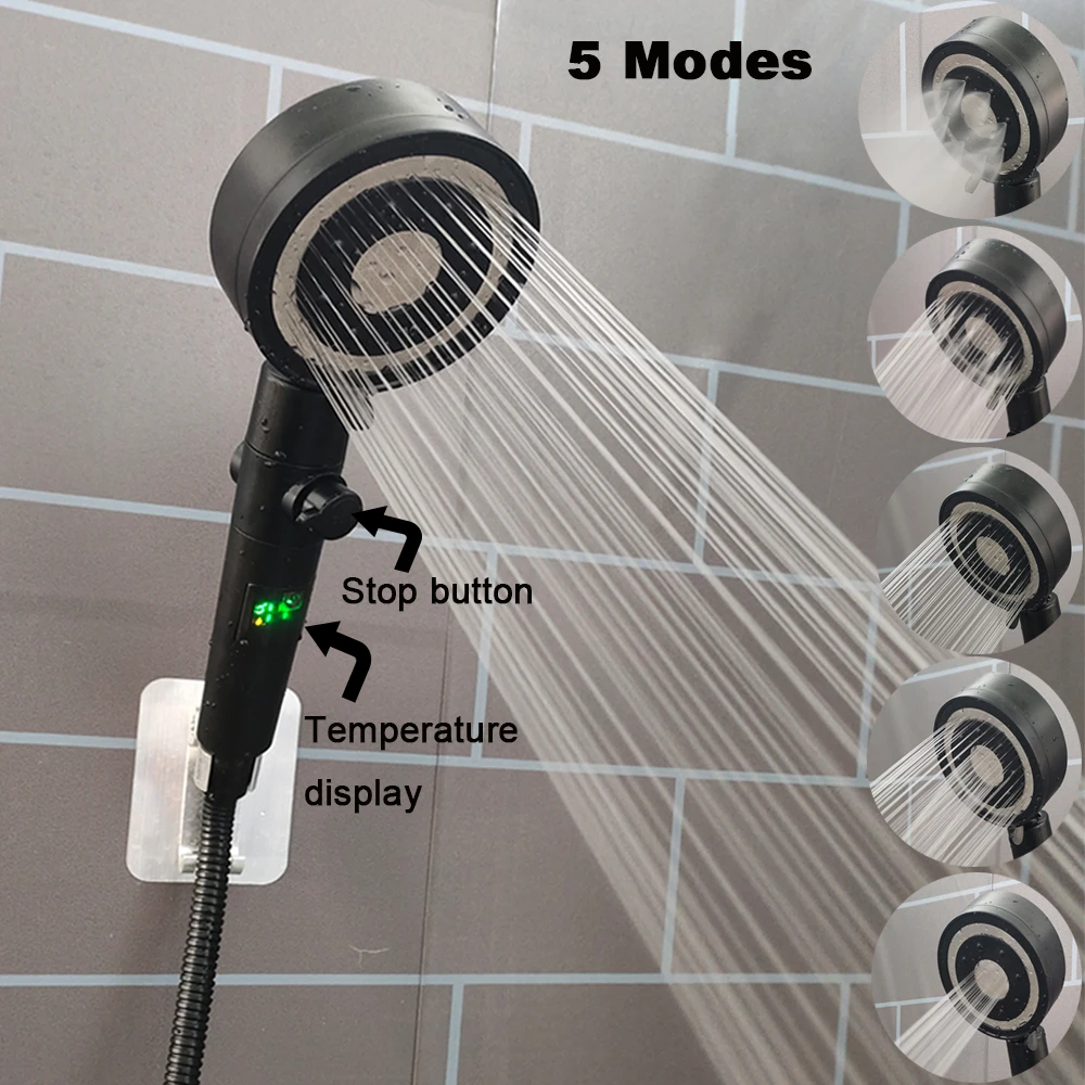 Temperature Digit Display Shower Head 5 Modes One Key Stop Handheld ...