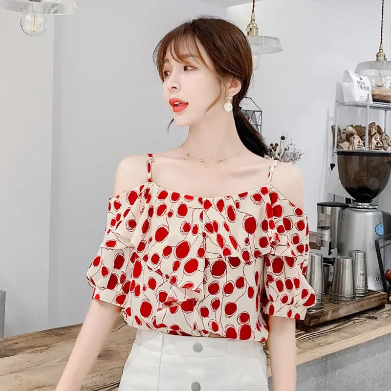 Chiffon Tops Strappy Off Shoulder Blouse Solid Top Women Loose T-shirts ...