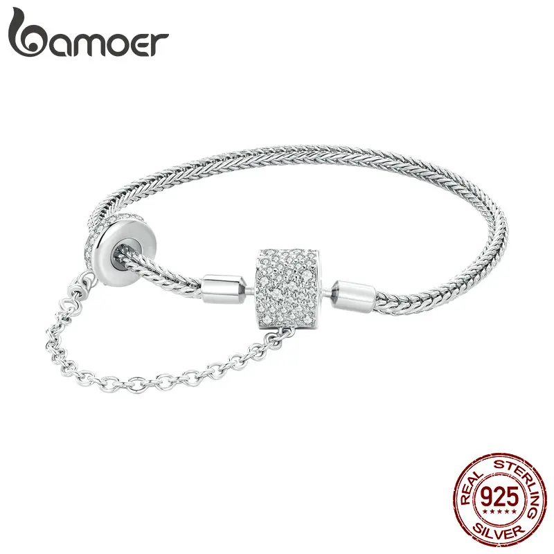 Bamoer-Authentic-925-Sterling-Silver-Basic-Charm-Bracelet-with-Safty-Chain-Women-Beads-and ...