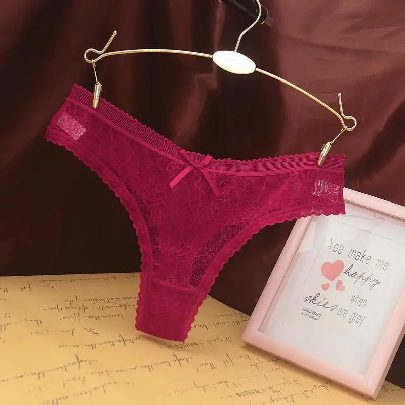 Tanga de encaje Jacquard para mujer, ropa interior Sexy de algodón, bragas sin costuras con ...