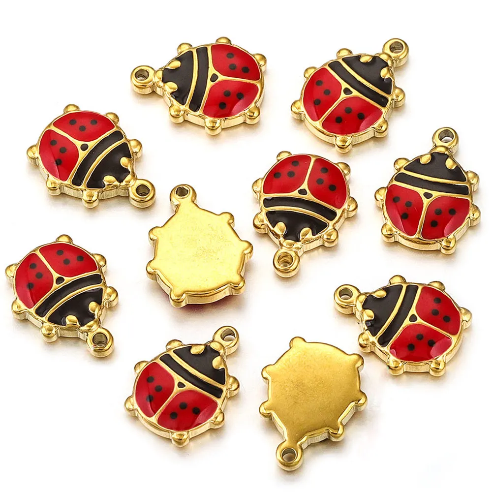 5pcs Stainless Steel Gold Plated Charms Enamel Ladybird Exquisite ...