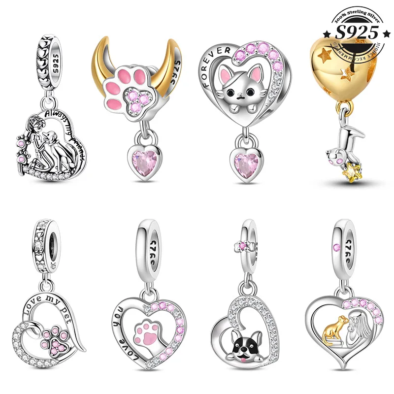 100% 925 Sterling Silver Lovely Pet Cat Paw Dog Warm Family Charms ...