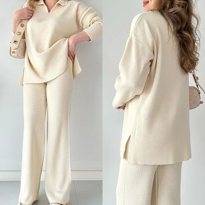 Two Piece Pant Sets Women Knit Sweater V Neck Full Sleeve Splice Loose ...