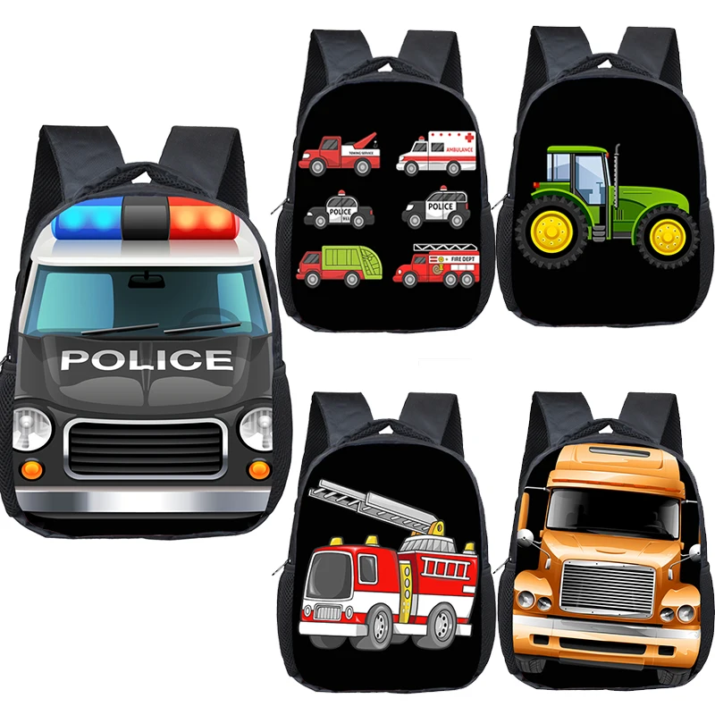 Cartoon-Police-Car-Fire-Engine-Excavator-Print-Backpack-Children-Truck ...