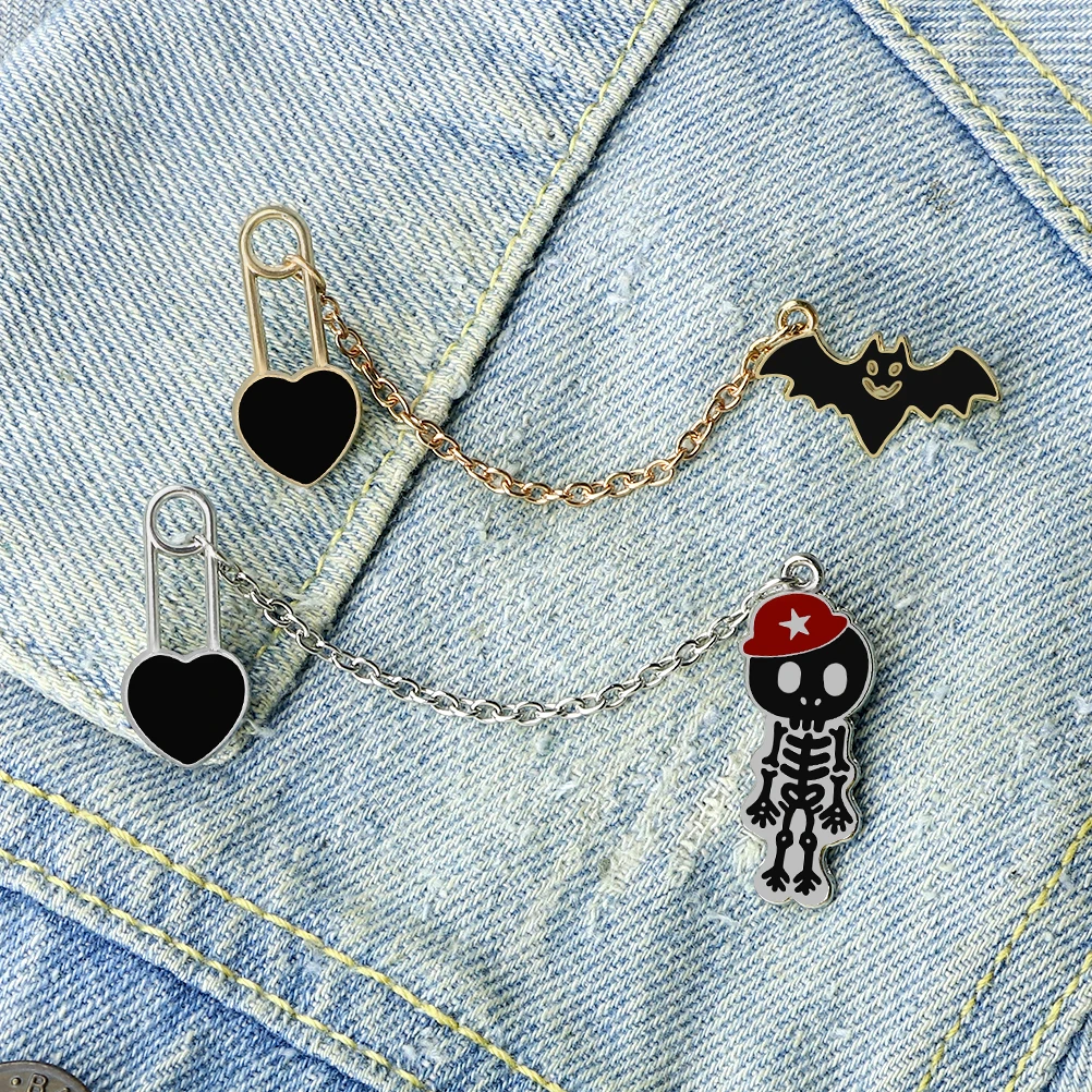 Heart-Paperclip-Chain-Brooches-Cartoon-Punk-Gothic-Bat-Skeleton-Metal ...