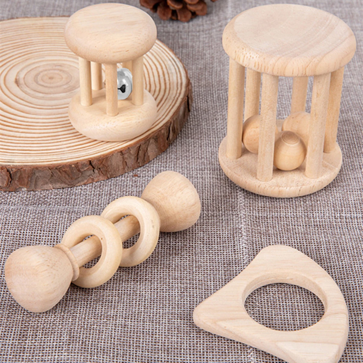 4-Pieces-Wooden-Baby-Rattle-Toy-Montessori-Teething-Ring-Log-Geometric ...