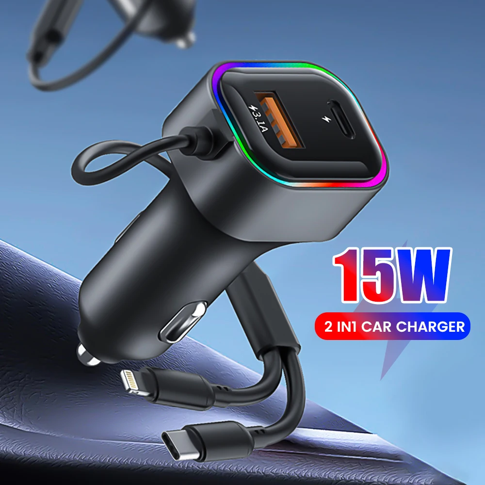 USB-3-1A-Car-Charger-With-2-In1-Fast-Charging-Cable-PD-USB-Charging ...
