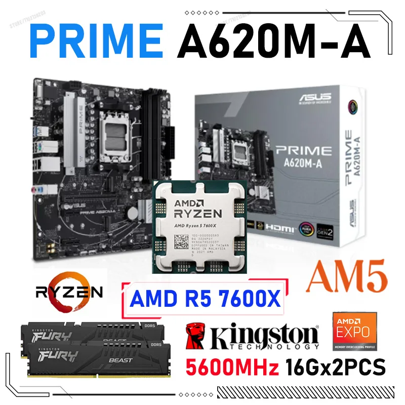 Socket AM5 ASUS Motherboard PRIME A620M A DDR5 With AMD Ryzen 5 7600X ...
