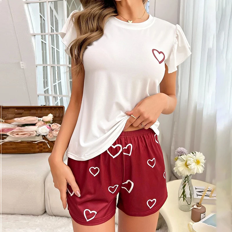 2-Pieces-Heart-Print-Sleepwear-Soft-White-T-shirt-with-Flying-sleeves ...