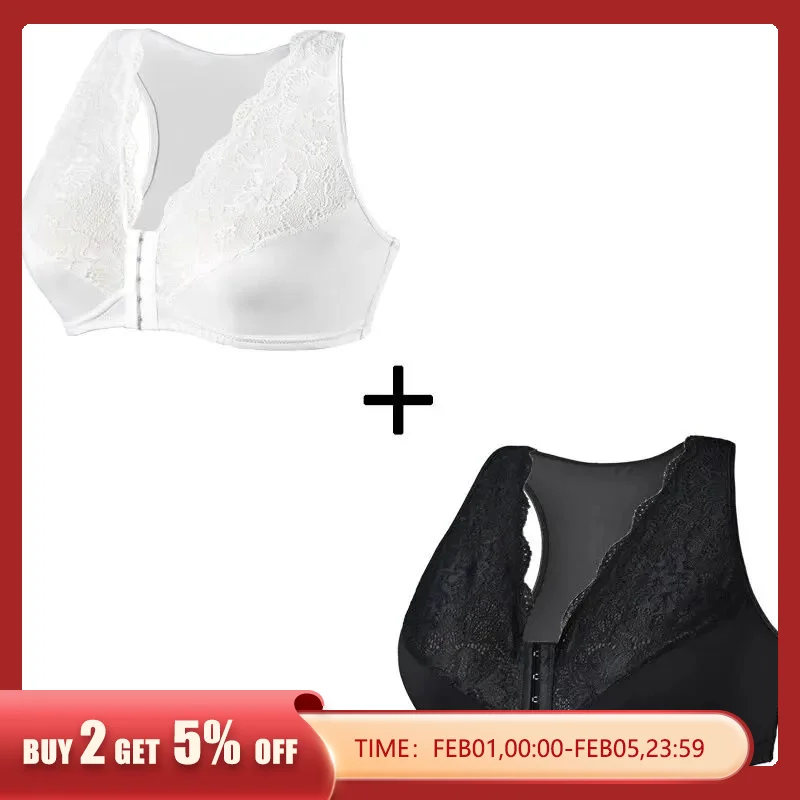 Plus-Size-Bras-Women-Floral-Jacquard-Contrast-Lace-Buckle-Front ...